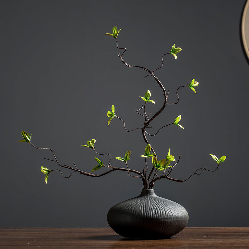 Silk Multi-Branched Ficus Branch In Black Glazed Ceramic Vase - 17.8 ...